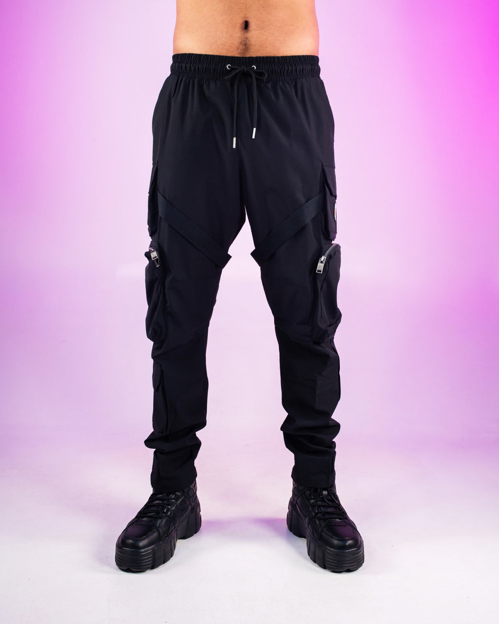 Black Nylon Utility Pants With Pockets And Drawstring – Rave Wonderland