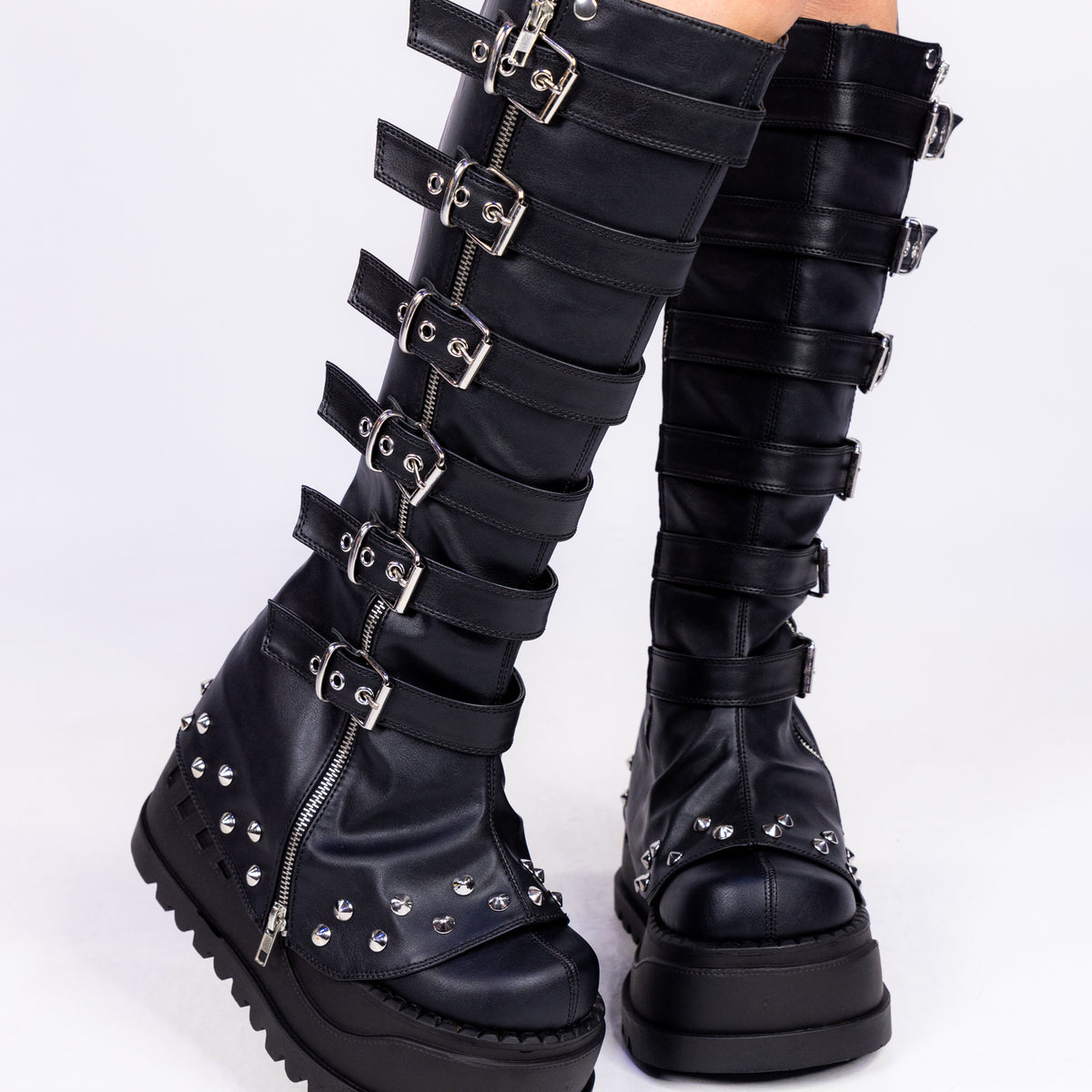 Demonia Buckled Stomp Women's Black Knee High Boots – Rave Wonderland
