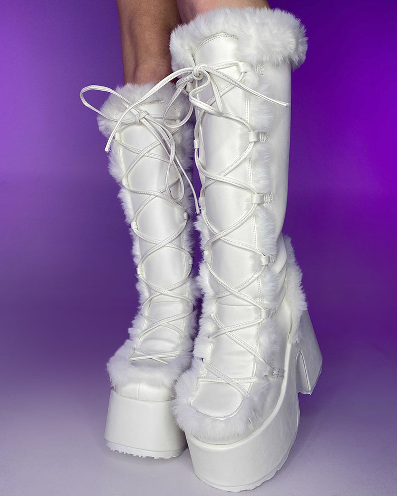 Demonia White Furry Winter Faux Fur Boots – Rave Wonderland