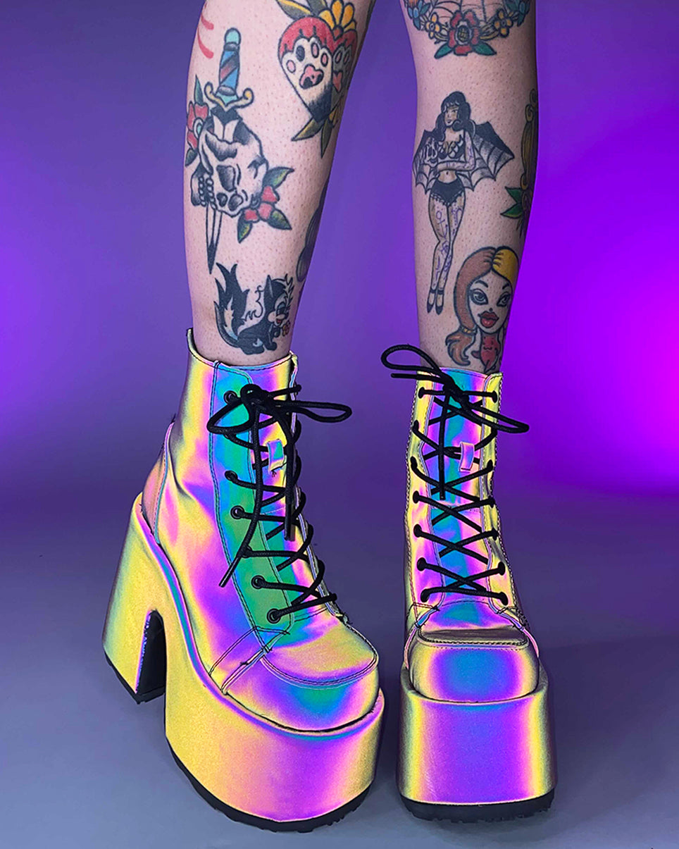 Demonia Rainbow Reflective Platform Bootie – Rave Wonderland
