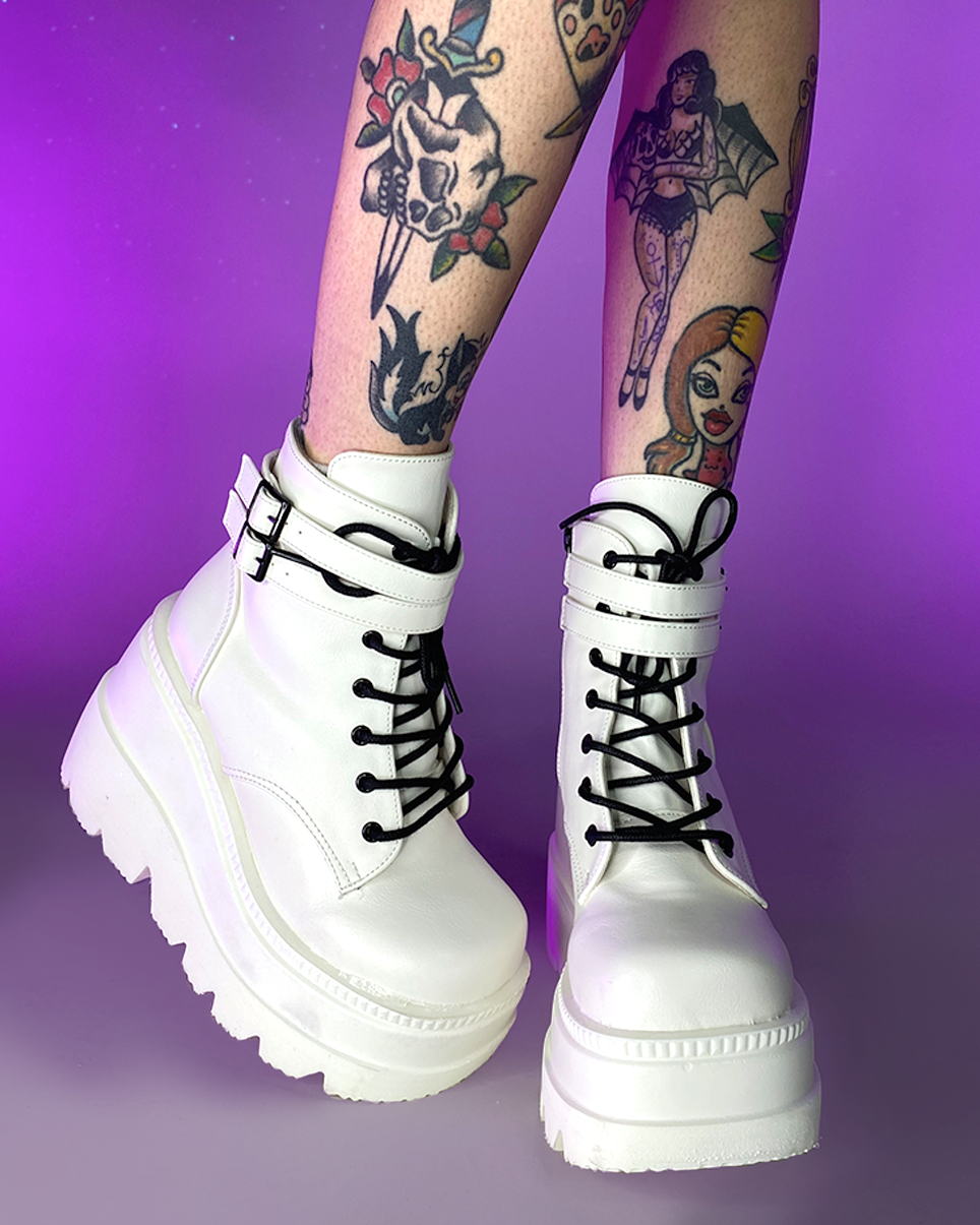 Demonia White Stacked Wedge Platform Ankle Boots – Rave Wonderland