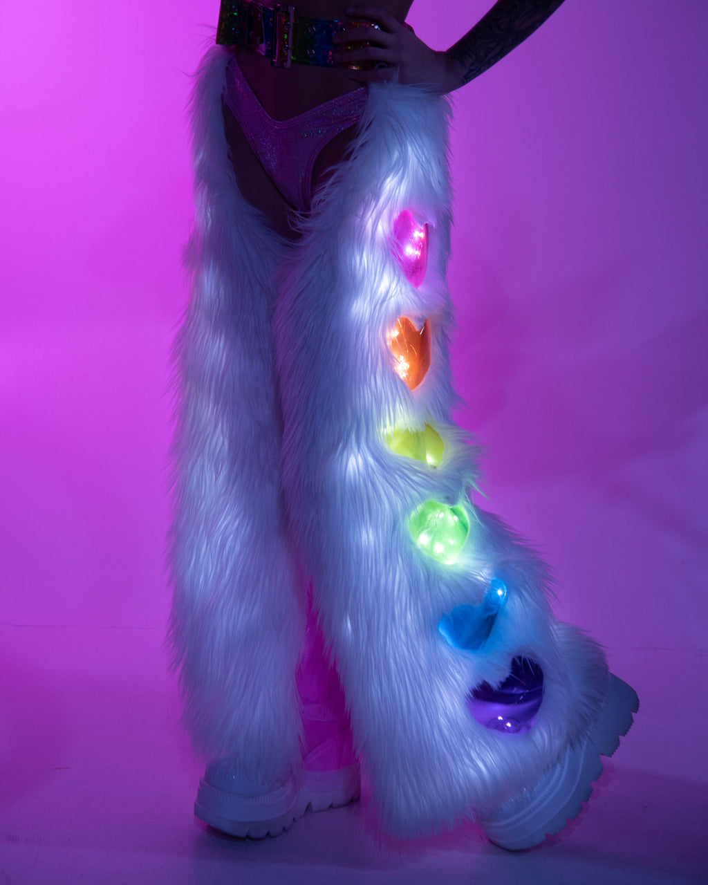 White Pastel Faux Fur Rainbow Heart Light Up Chaps – Rave Wonderland