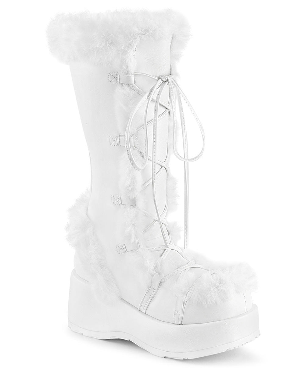 Demonia White Winter Solstice Faux Fur Boots – Rave Wonderland